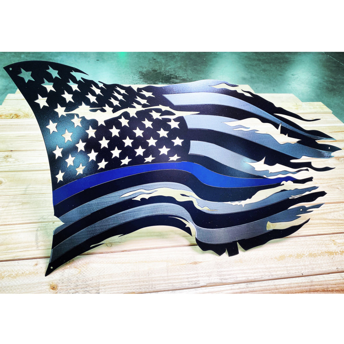 Thin Blue Line Steel Distressed Tattered Battle Flag – USPatriotgear.com